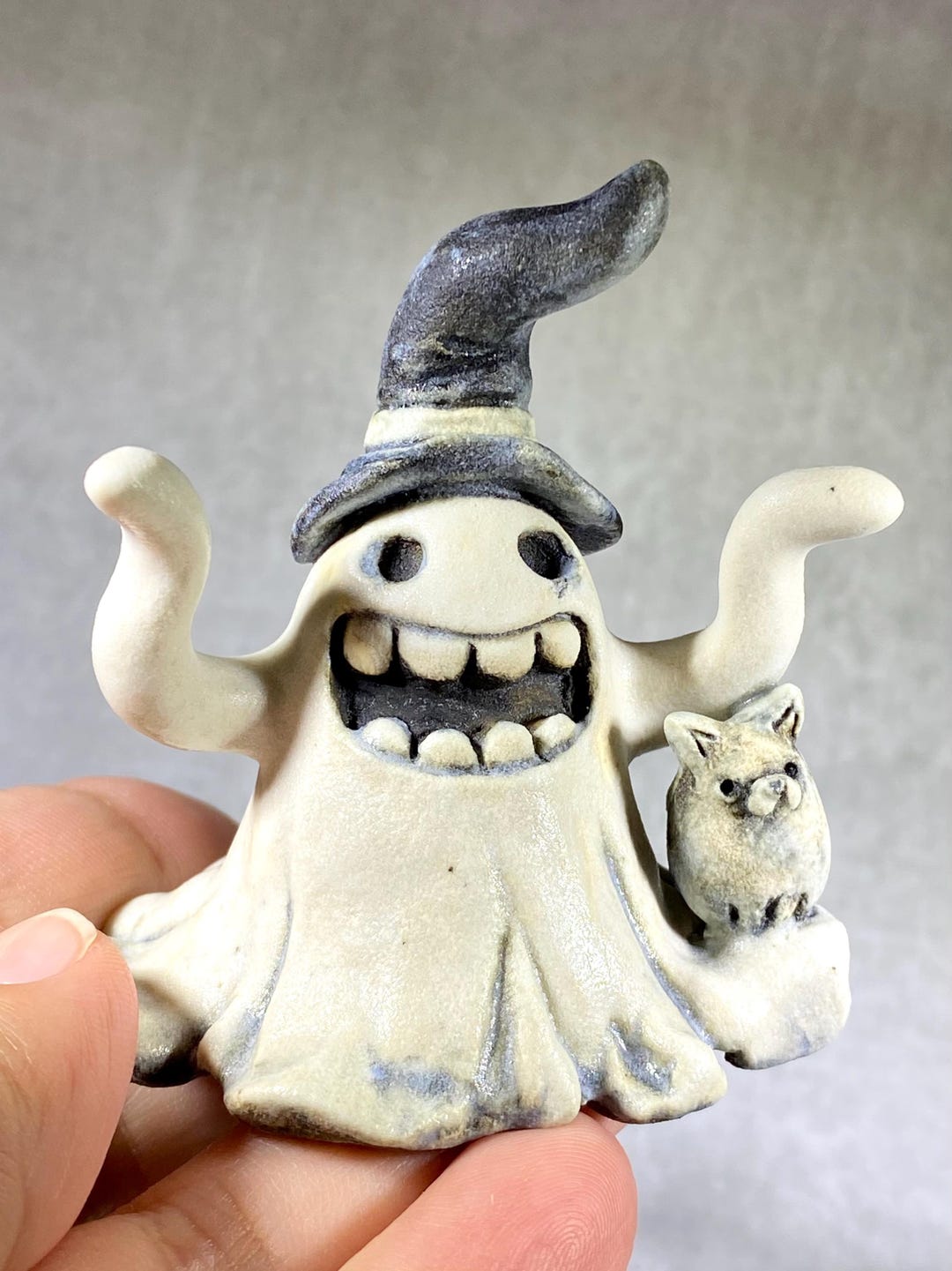 Ceramic Wizard Ghost With His Cat, Derpy Cute Ghostie Figurine - Etsy