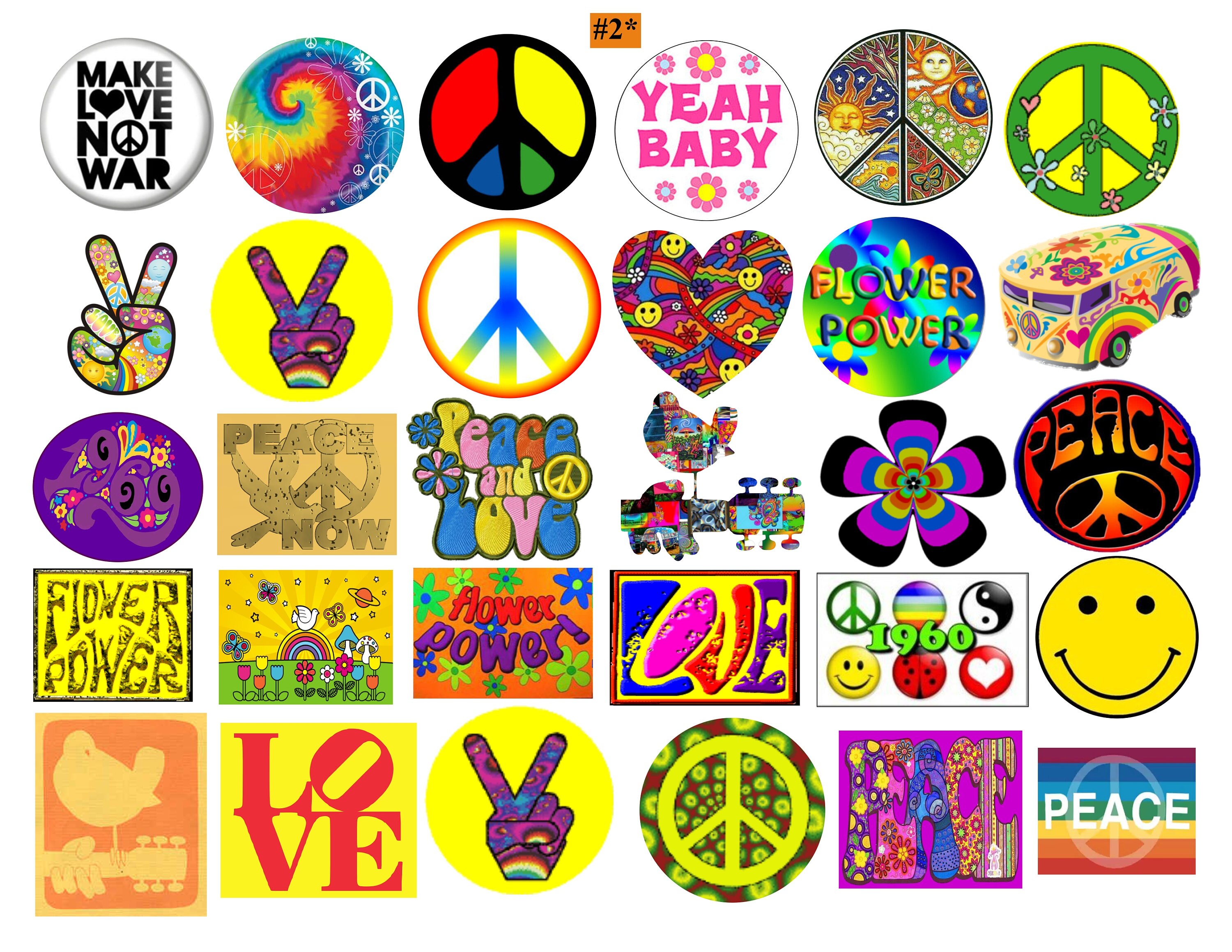 60's Hippie Paper Stickers, 30 Stickers per Sheet 1.5"x1.5" (around ...