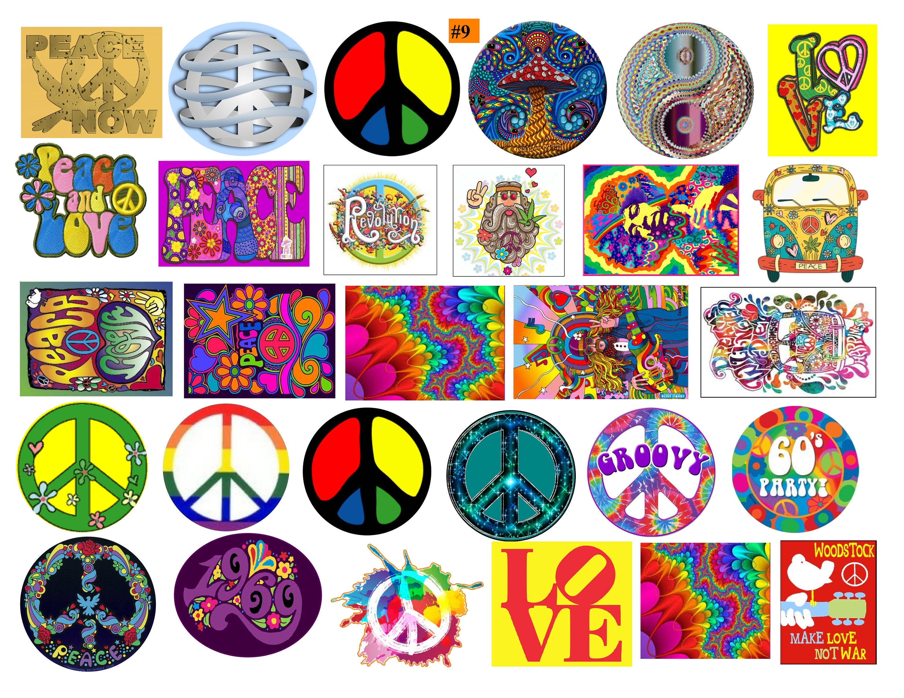 60's Hippie Paper Stickers, 30 Stickers per Sheet 1.5"x1.5" Size ...