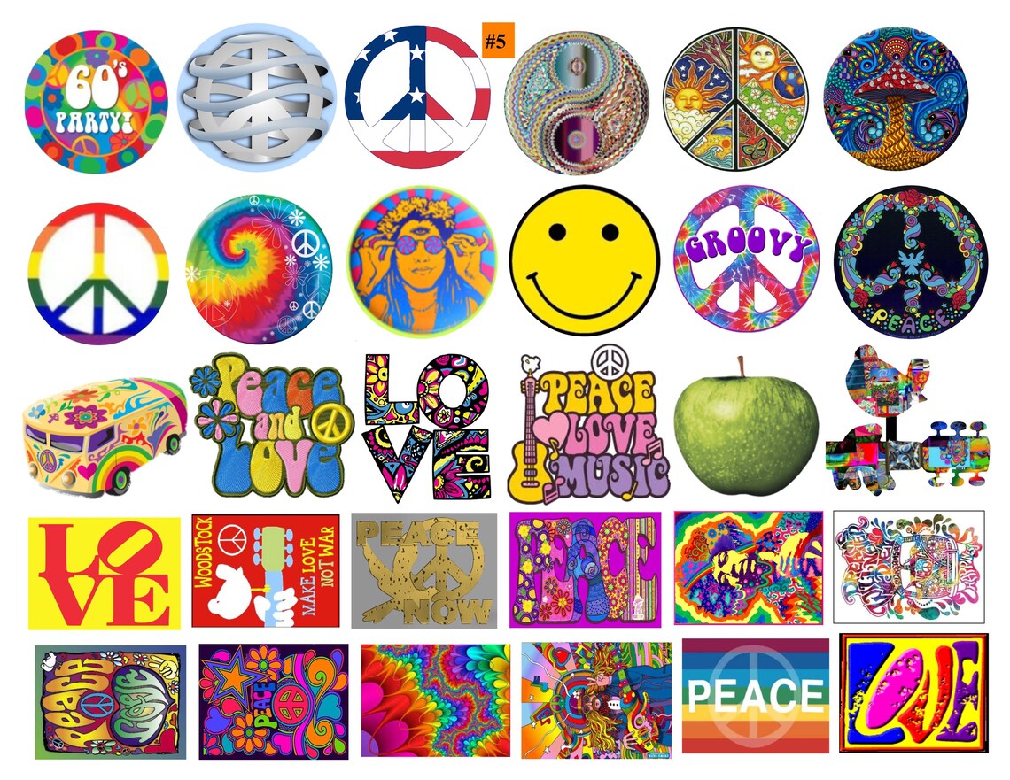 60's Hippie Paper Stickers, 30 Stickers per Sheet 1.5"x1.5" Size ...