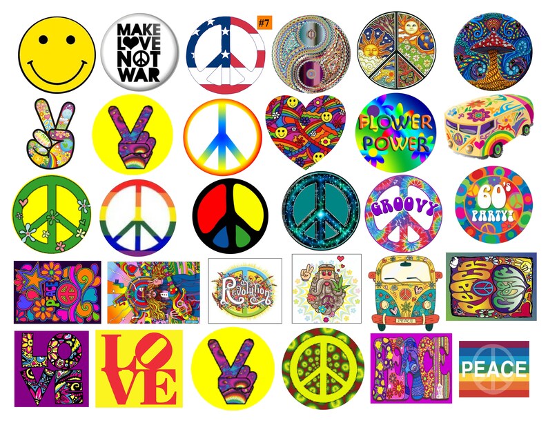 60's Hippie Paper Stickers, 30 Self Adhesive Stickers per Sheet 1.5"x1 ...