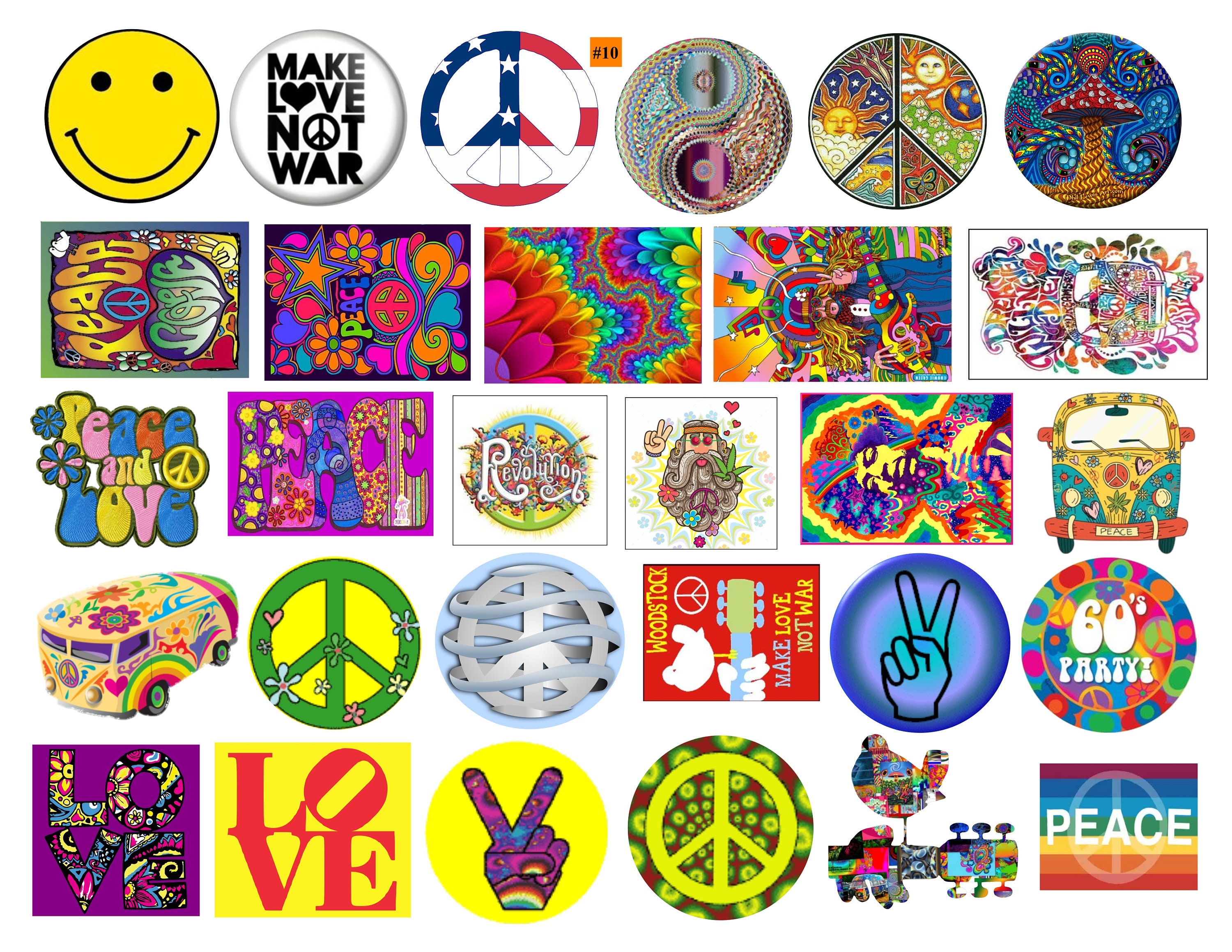 60's Hippie Paper Stickers, 30 Stickers per Sheet 1.5"x1.5" Size ...