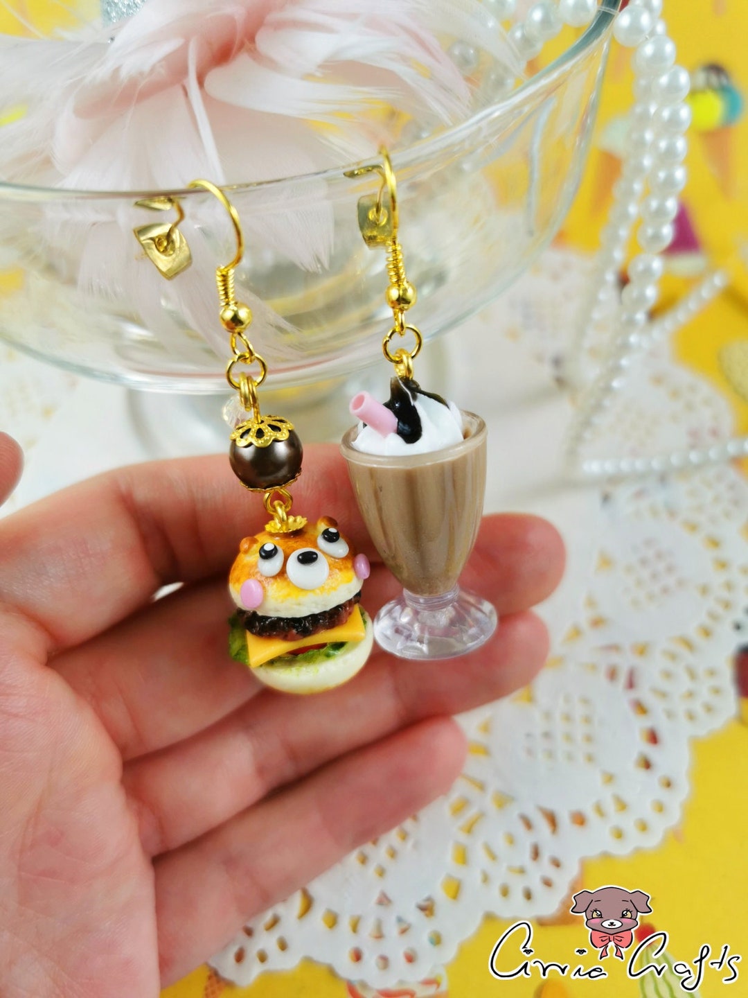Bear Shaped Burger and Chocolate Milkshake / Gold-colored / Earring ...