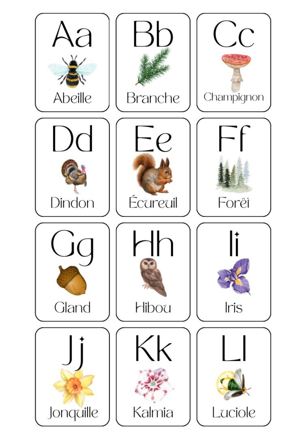 Nature Alphabet Print, Illustrated Flash Cards (educational PDF) - Etsy