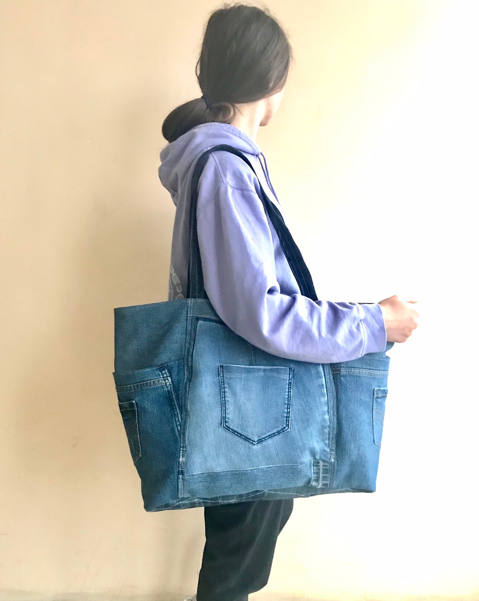 Large Denim Patchwork Tote Bag/recycled Denim Tote Bag/jeans - Etsy