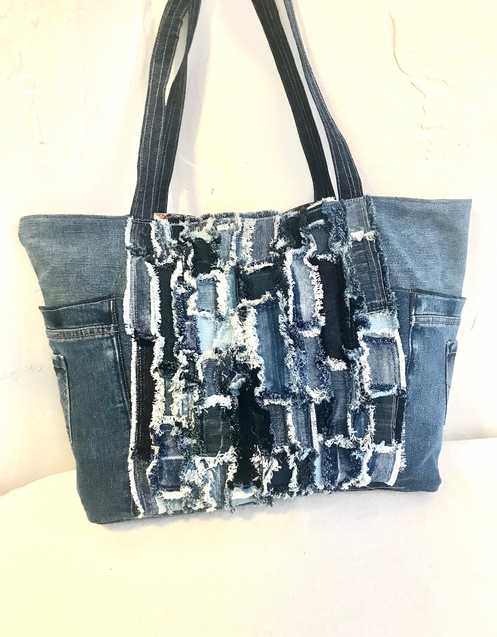 Large Denim Patchwork Tote Bag/recycled Denim Tote Bag/jeans - Etsy