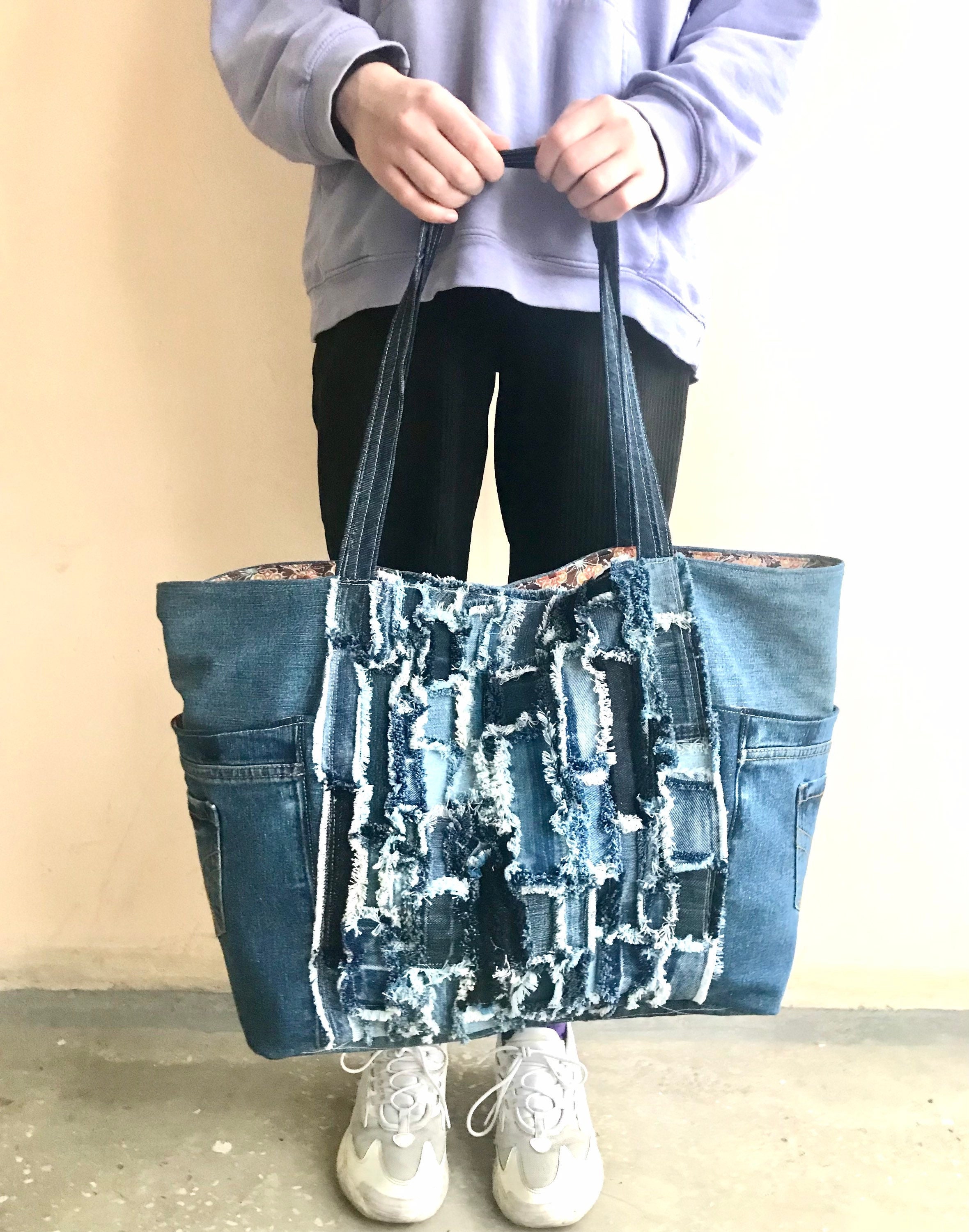Large Denim Patchwork Tote Bag/recycled Denim Tote Bag/jeans - Etsy