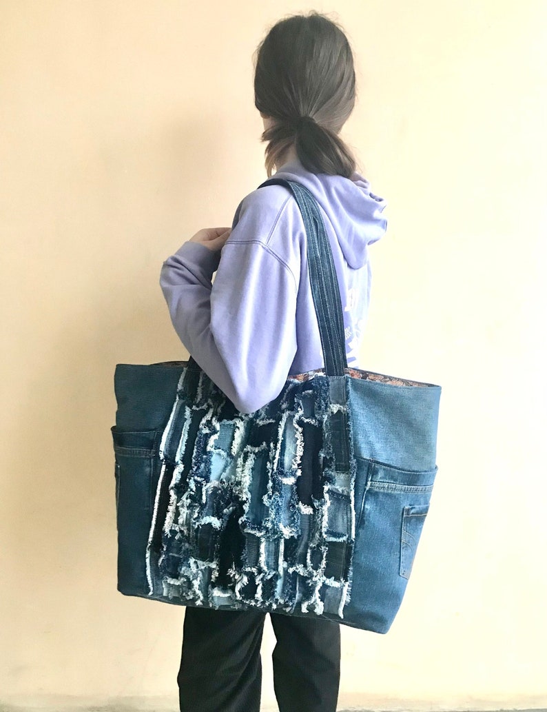 Large Denim Patchwork Tote Bag/recycled Denim Tote Bag/jeans - Etsy
