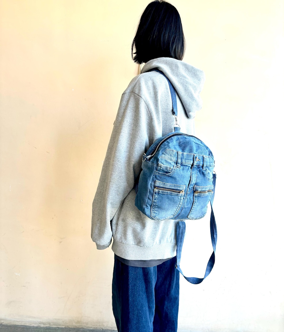 Recycled Denim Backpack/jeans Mini Backpack/convertible Bag/denim ...