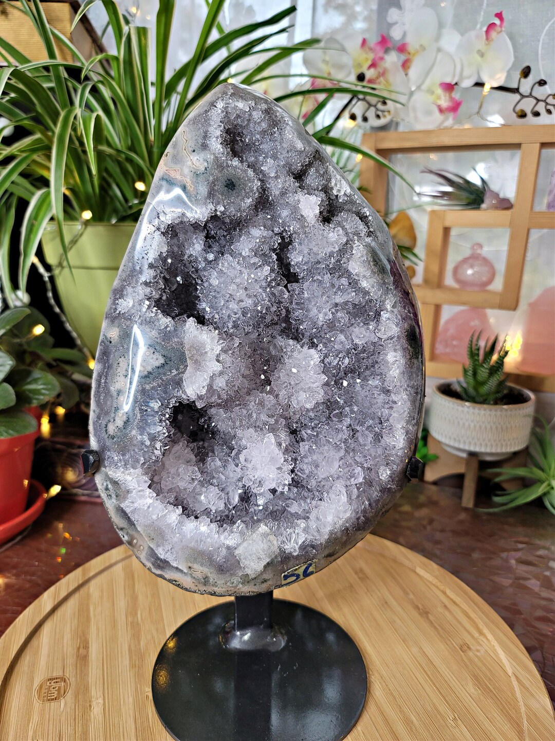 Gorgeous Quartz & Jasper Geode With Lots of Flower Formations on Metal ...