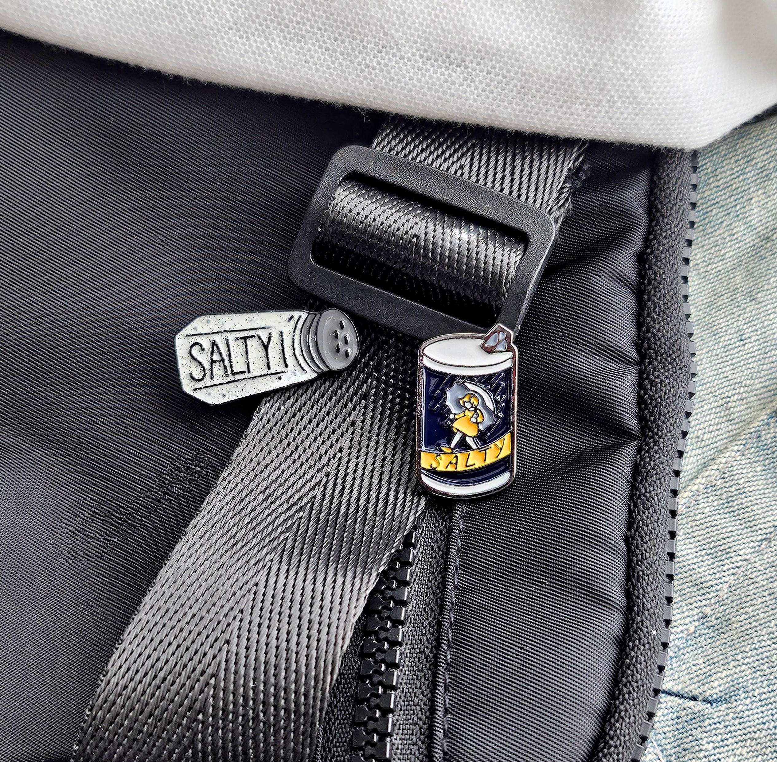 Salty Enamel Pin in 2 Styles, Blue Salt Box & Salt Shaker Designs ...