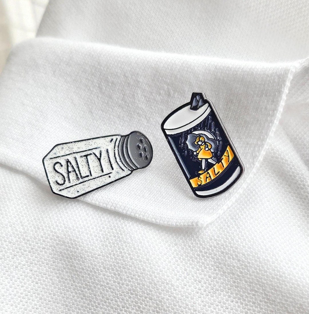 Salty Enamel Pin in 2 Styles, Blue Salt Box & Salt Shaker Designs ...