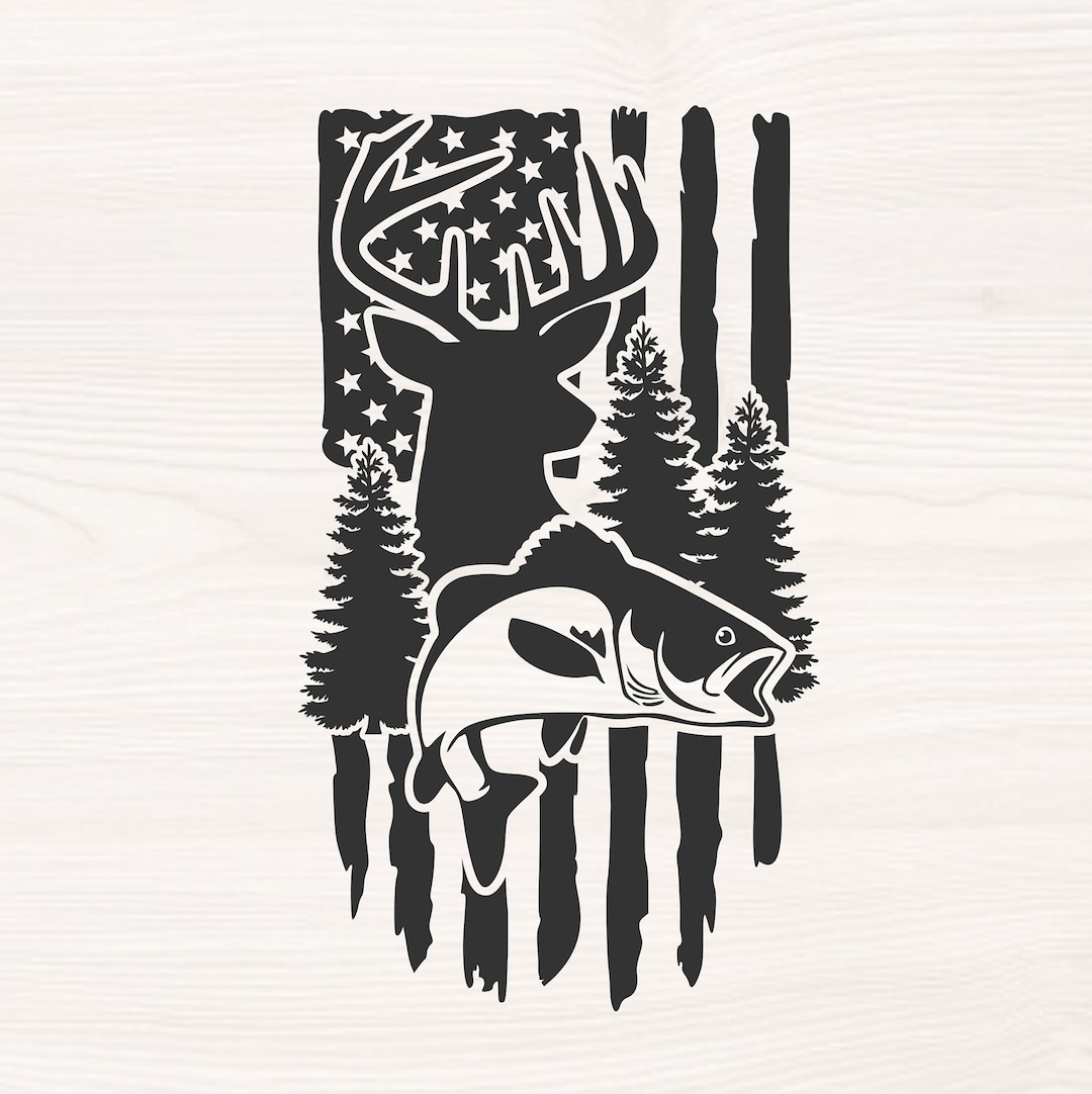 Deer Fish Tree Scene on American Flag SVG PNG Files for Cutting ...