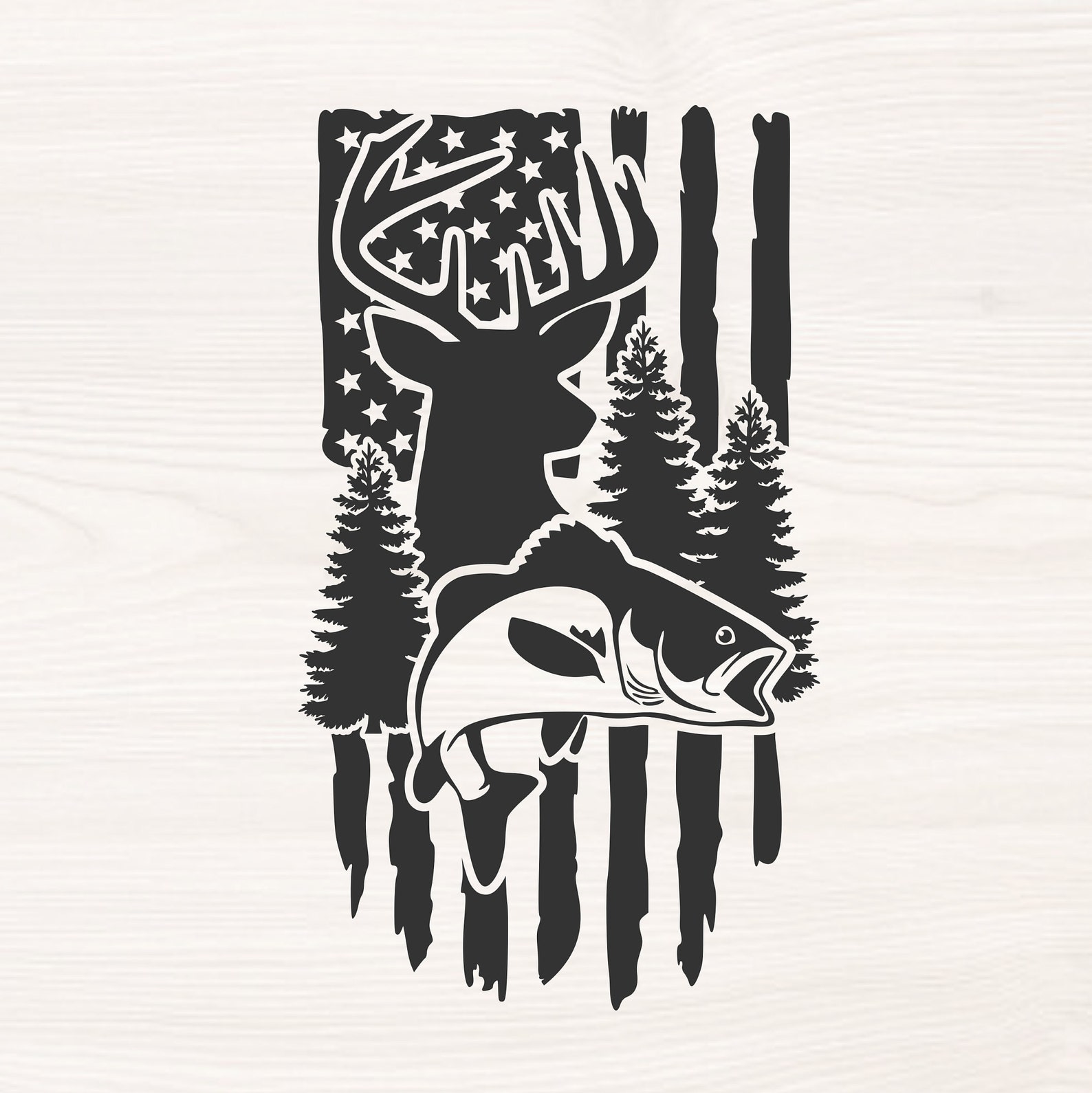 Deer Fish Tree Scene on American Flag SVG PNG Files for - Etsy