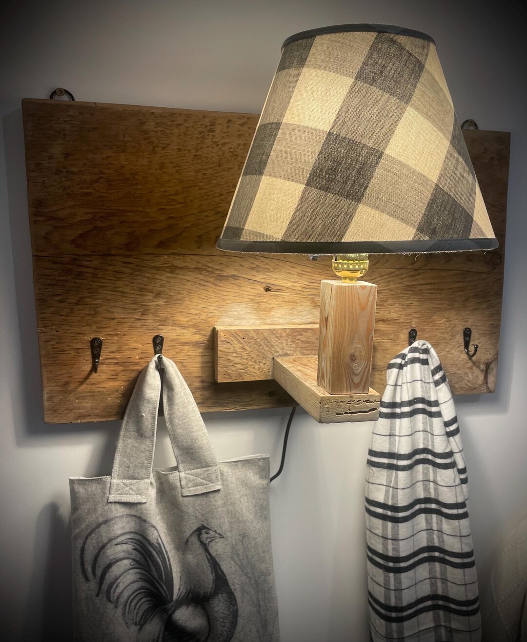 Reclaimed Barnwood Wall Lamp With Hooks for Entry, Bedroom , Bathroom ...