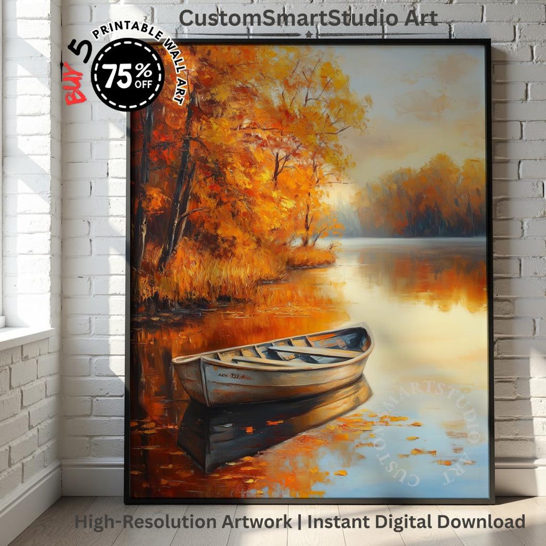 Golden-orange Autumn Rowboat Scene, Serene Lake Painting, Rustic Fall ...
