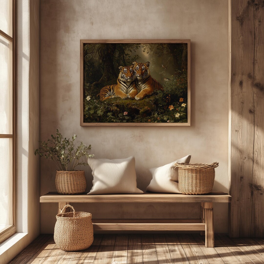 Printable Tiger Wildlife Portrait - Moody Vintage Art, Resting Tigers ...