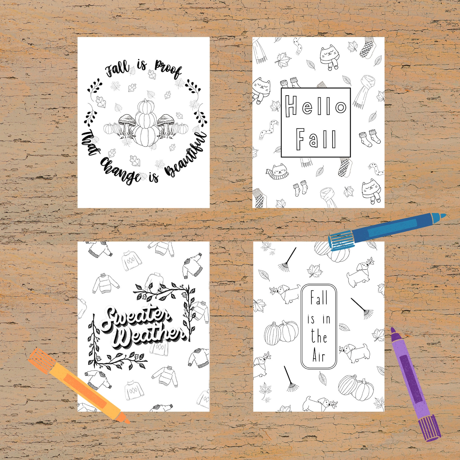 Cute Fall Coloring Pages, INSTANT DOWNLOAD, Print and Color, 8.5x11 ...