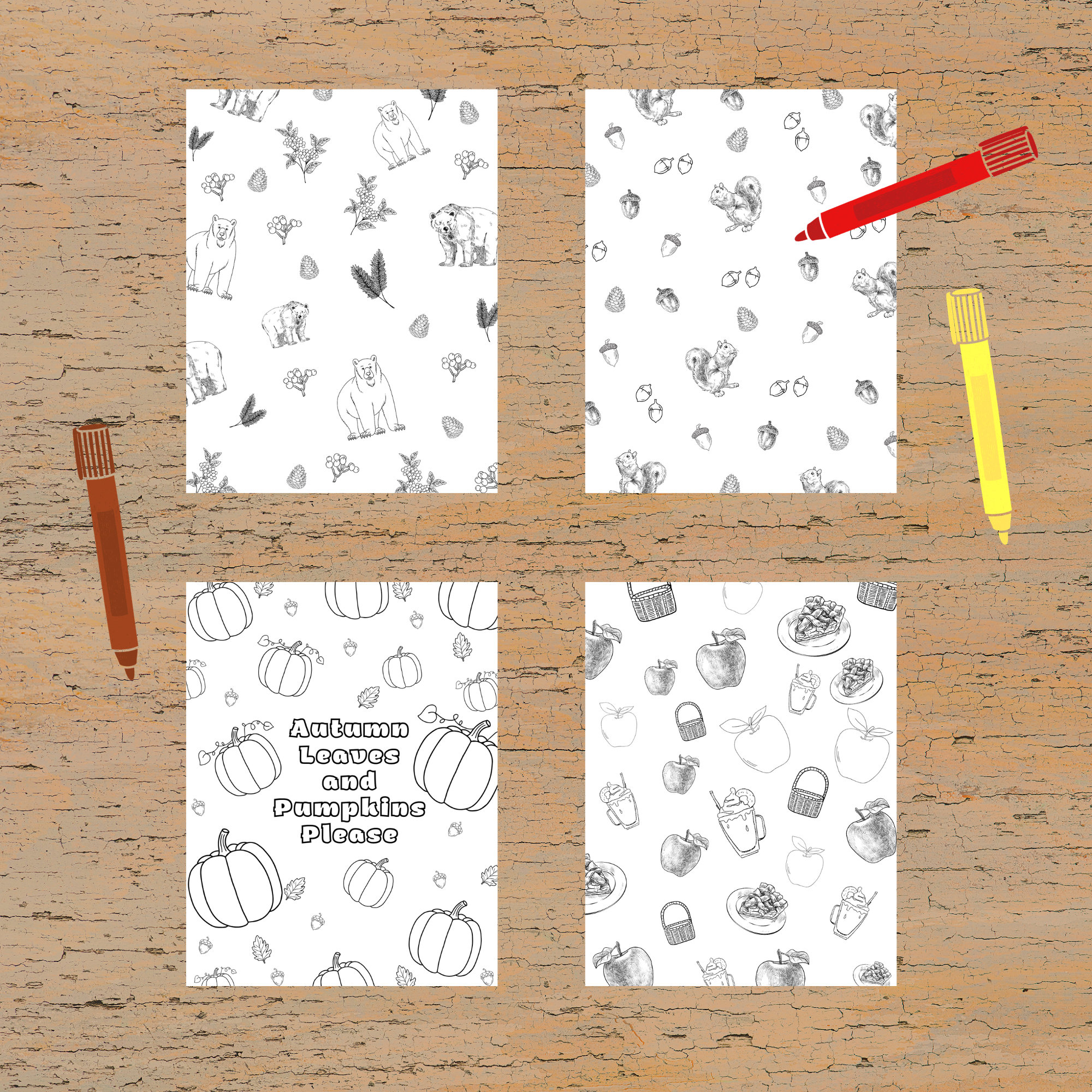 Cute Fall Coloring Pages, INSTANT DOWNLOAD, Print and Color, 8.5x11 ...