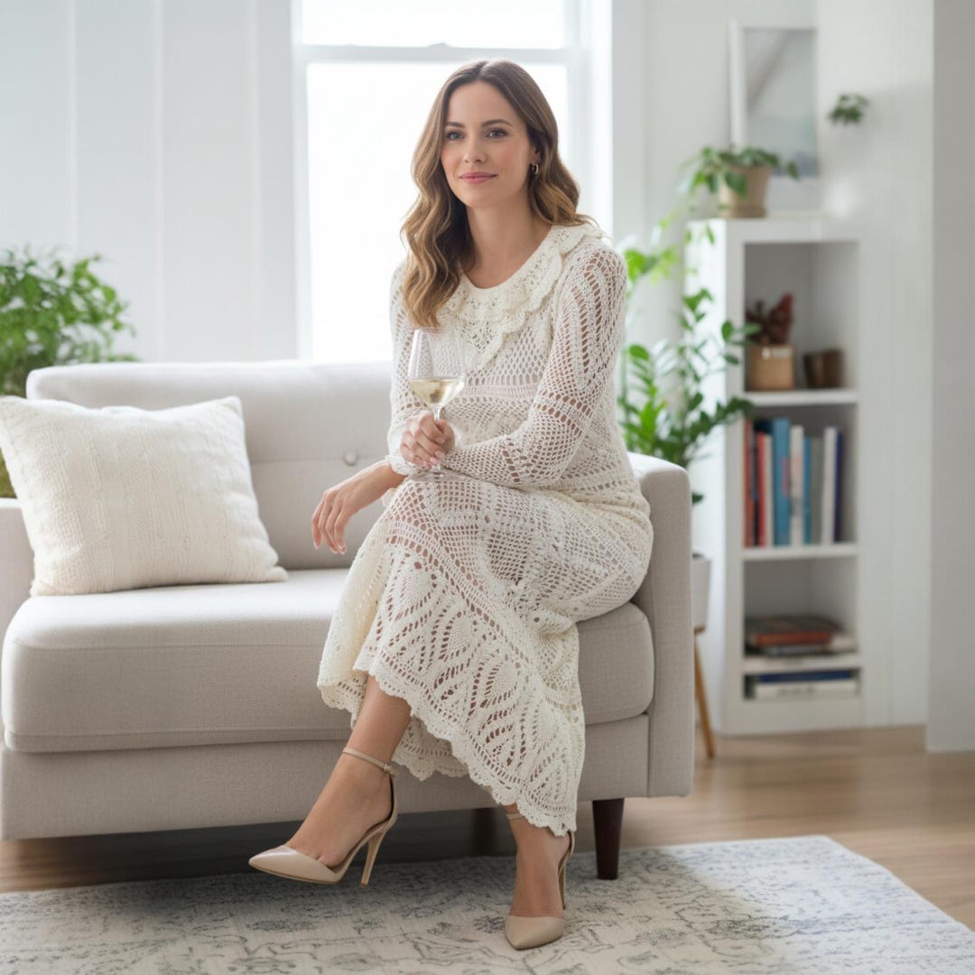 Ivory Angora Crochet Midi Dress: Lace Knit, Long Sleeve, Handmade ...