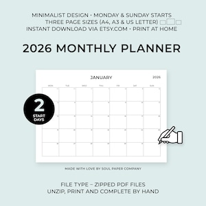 2026 Monthly Planner, Printable Calendar, Month per Page, Monday and ...