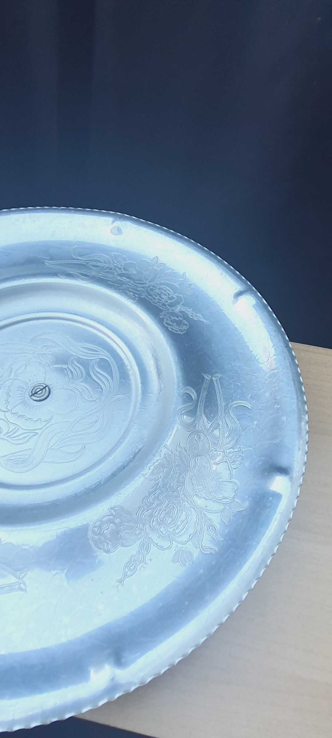 19.5 Aluminum Hand Wrought Lazy Susan Tray Ornate Etched Floral Pattern ...