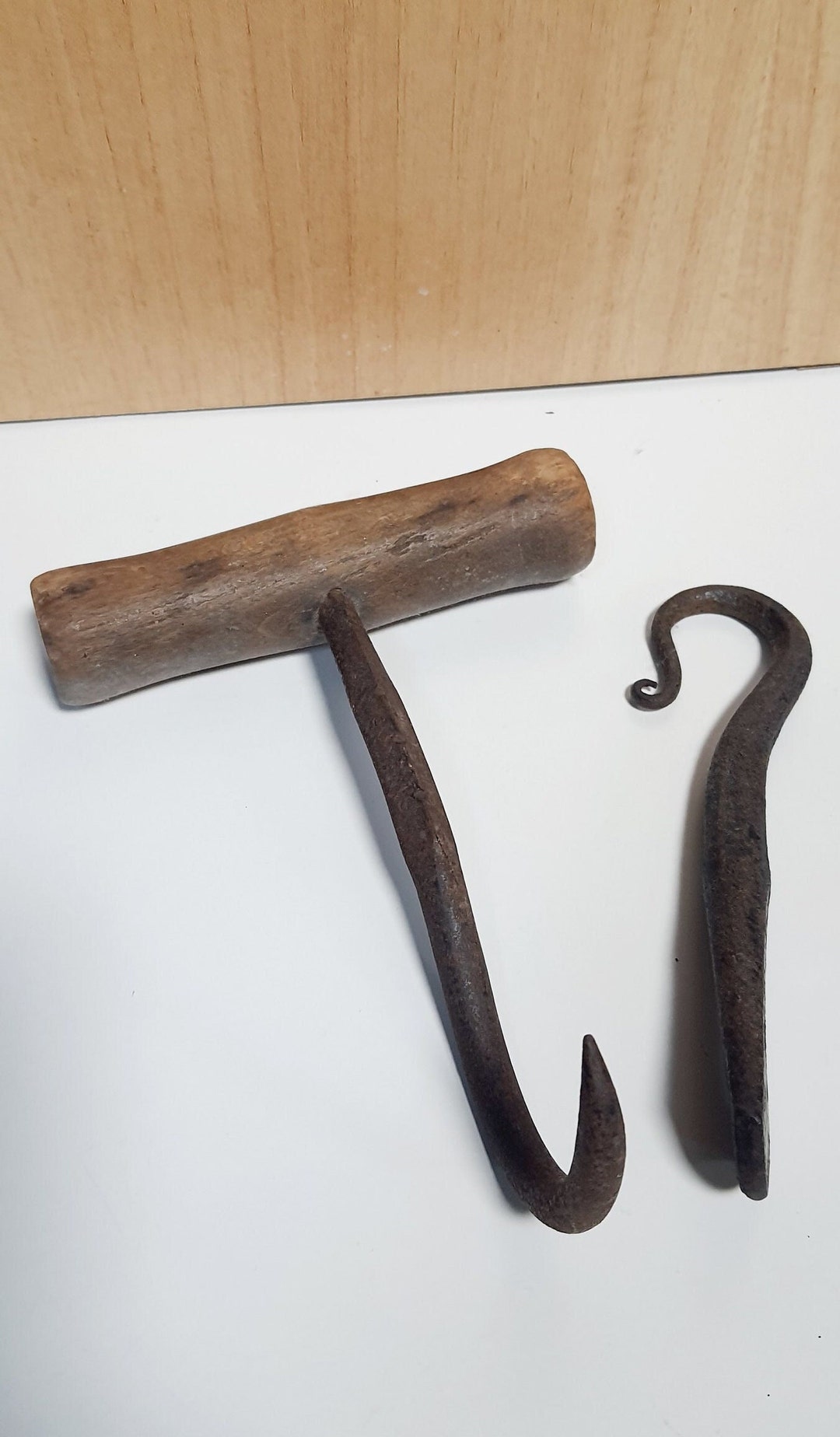 Antique Wrought Iron Hooks, Hay Bale Hook Wooden Handle, Vintage Hook ...