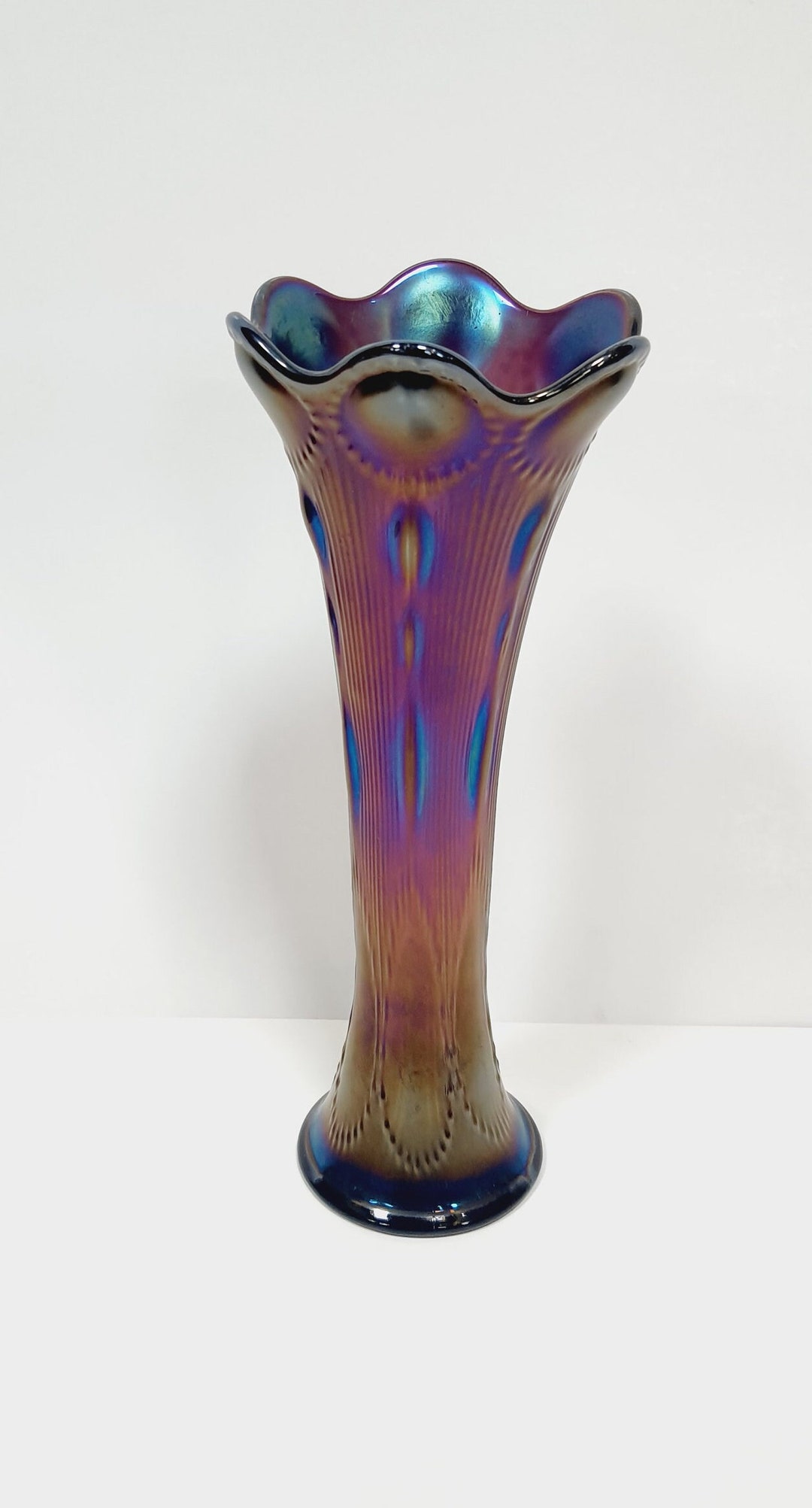 Antique Imperial Carnival Glass Vase Electric Blue/purple Iridescent ...