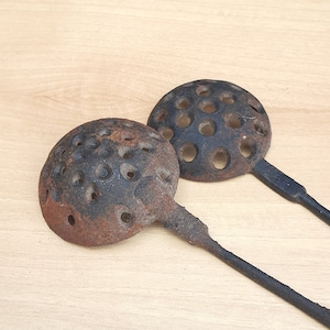 2 Antique Large Cast Iron Spoons, 10.5" Rustic Primitive Spoon, Ladle ...