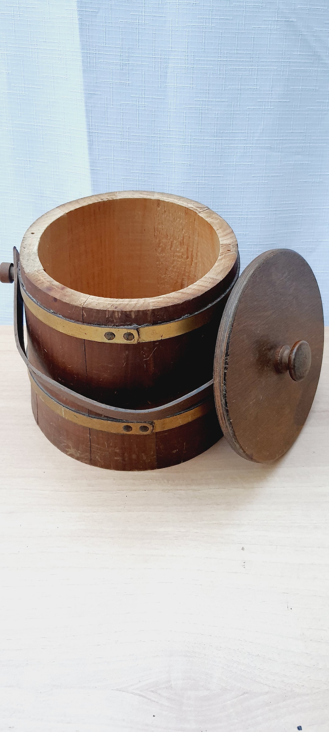 Vintage Wood Sugar Bucket With Lid, Vintage Wood Firkin With Gold Bands ...