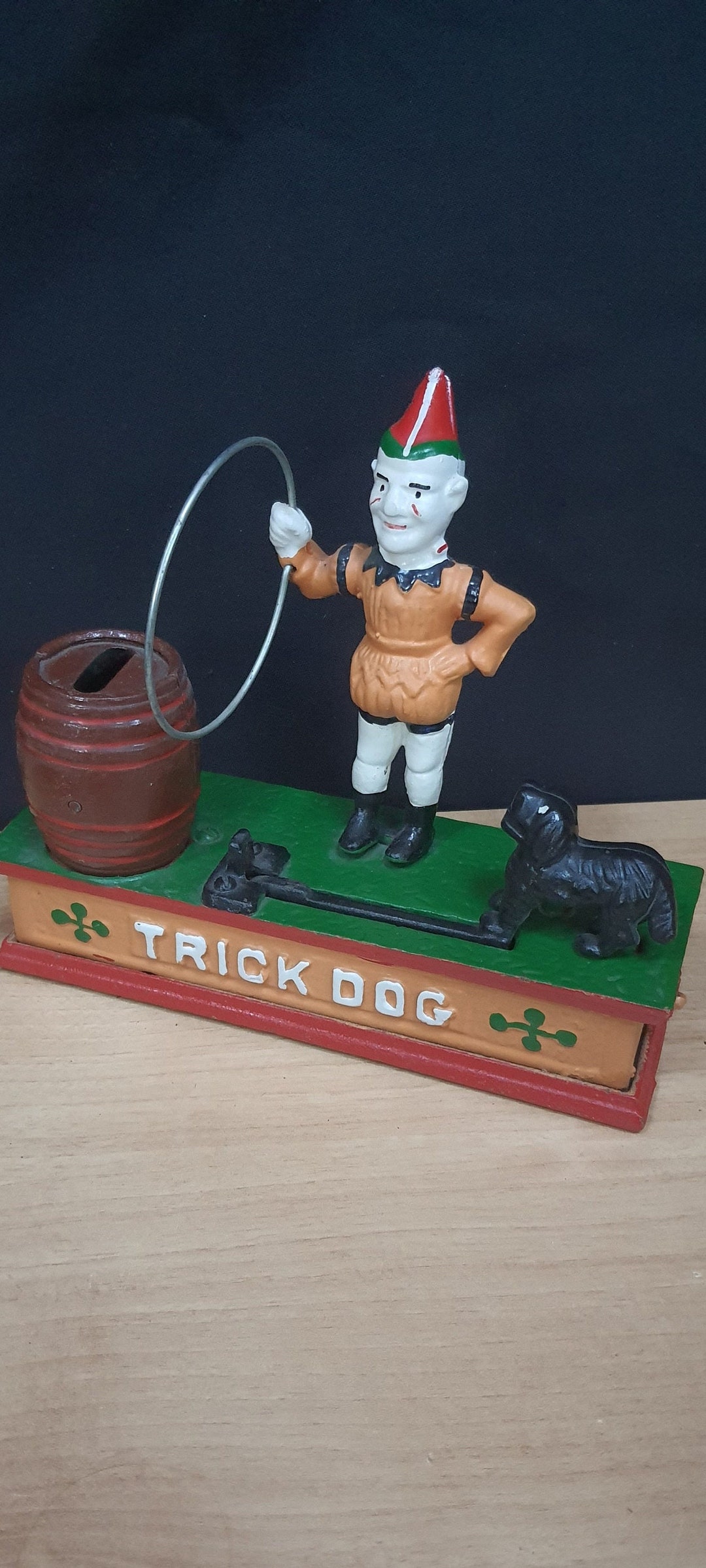 Vintage Cast Iron Trick Dog Coin Bank Jumping Through Hoop Reproduction ...