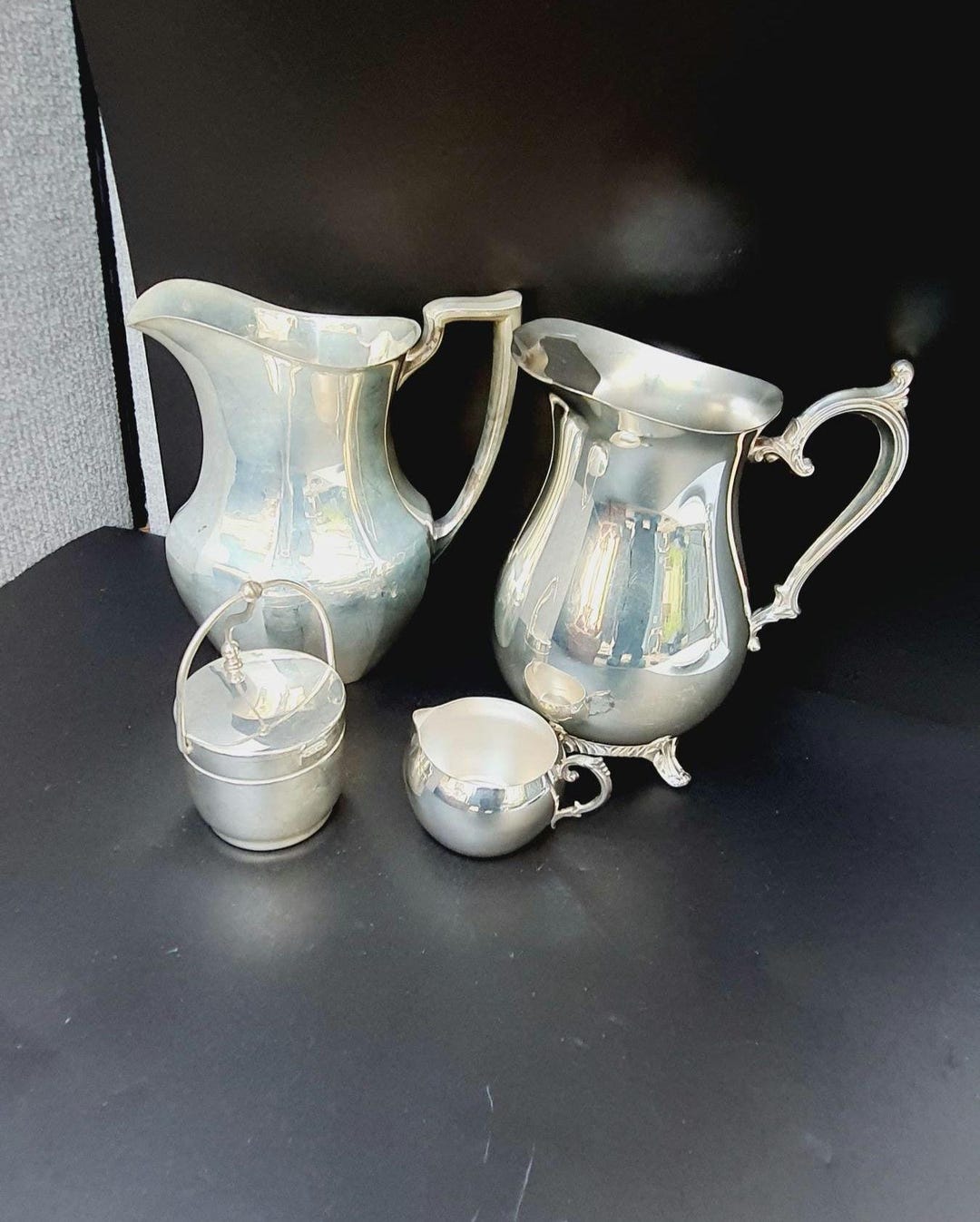 Mixed Lot Teapot Set, Silver Plate Pitchers, Sugar Bowl and Creamer ...