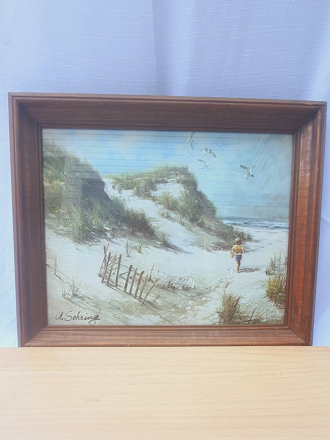 Vintage Wood Framed Art a Day at the Beach A. Sehring 1975, Wall Decor ...