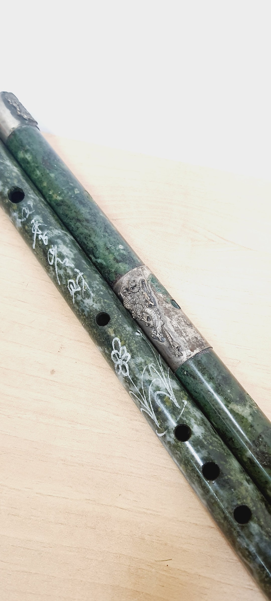 2 Antique Decorative Asian Green Marble Stone / Jade Flutes Phoenix ...