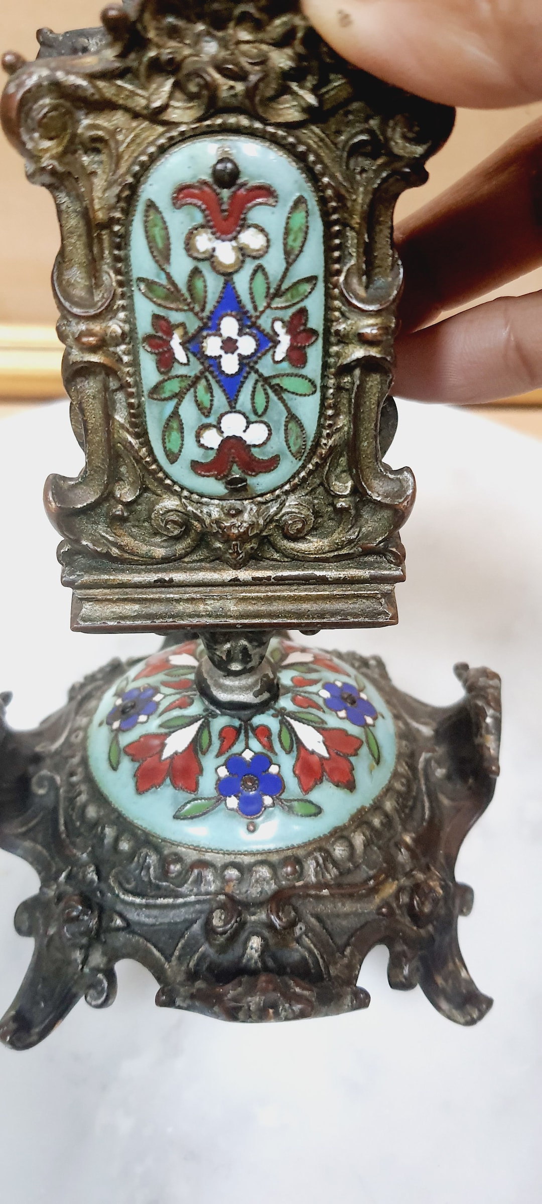 Antique Victorian Bronze Matchbox Stand With Enameled Inlay Panels ...