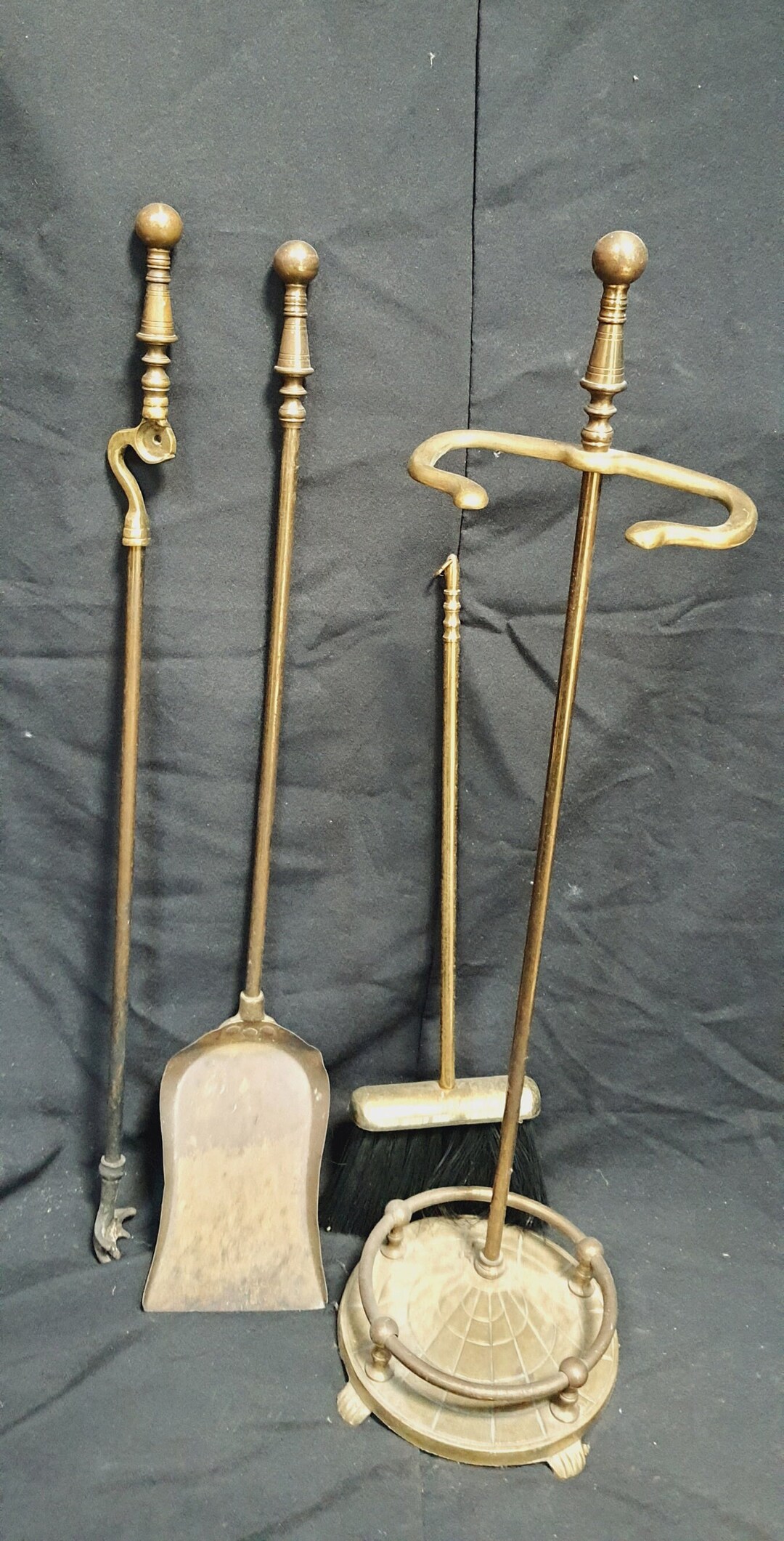 Vintage Brass Fireplace Tool Set of 4 Pieces, Broom, Fork, Shovel and ...
