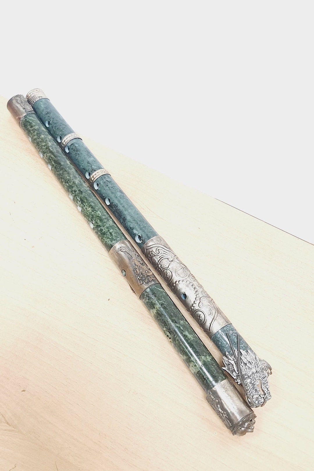 2 Antique Asian Green Stone Flutes Phoenix Bird & Dragon 15" Music ...