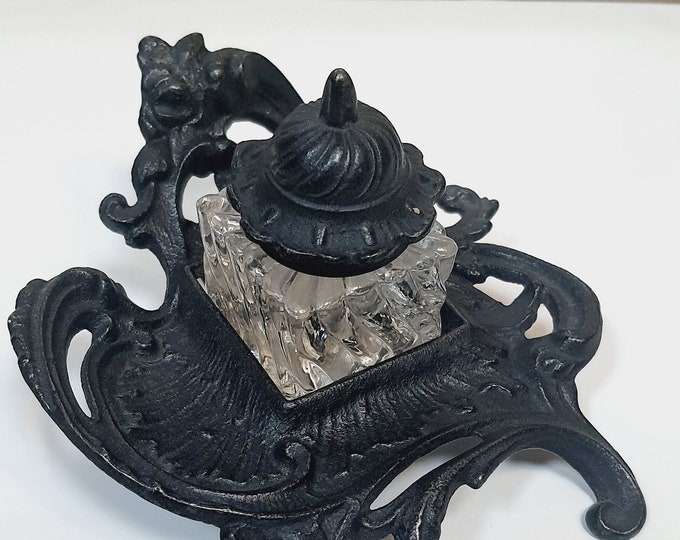 Antique Inkwell Victorian Glass Cast Iron Inkwell With Lid, Unique ...