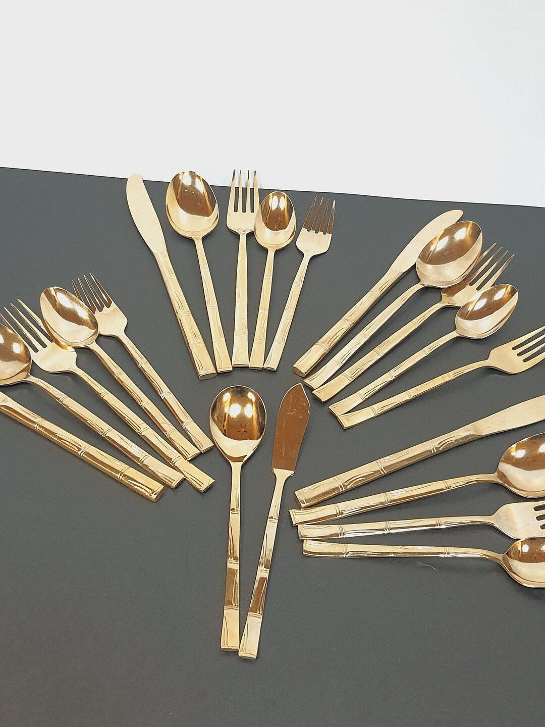 21 Pcs Gold Flatware Set, Golden Bamboo Lifetime Cutlery Stainless Gold ...