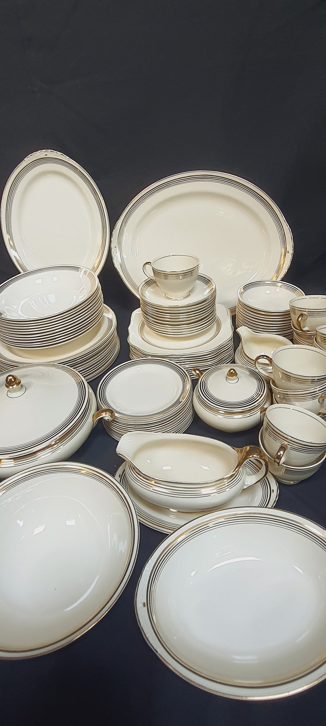 Dinnerware Set 93 Piece Homer Laughlin Eggshell Nautilus Gold Trim Dinner Serving Set Service ...
