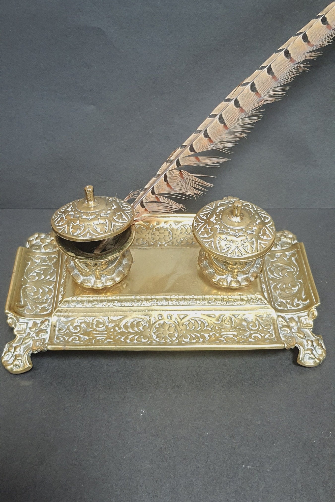 Antique Victorian Solid Brass Ornate Double Inkwell, Unique Vintage ...