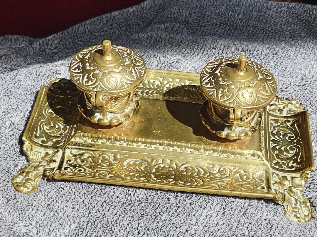Antique Victorian Solid Brass Ornate Double Inkwell, Unique Vintage ...
