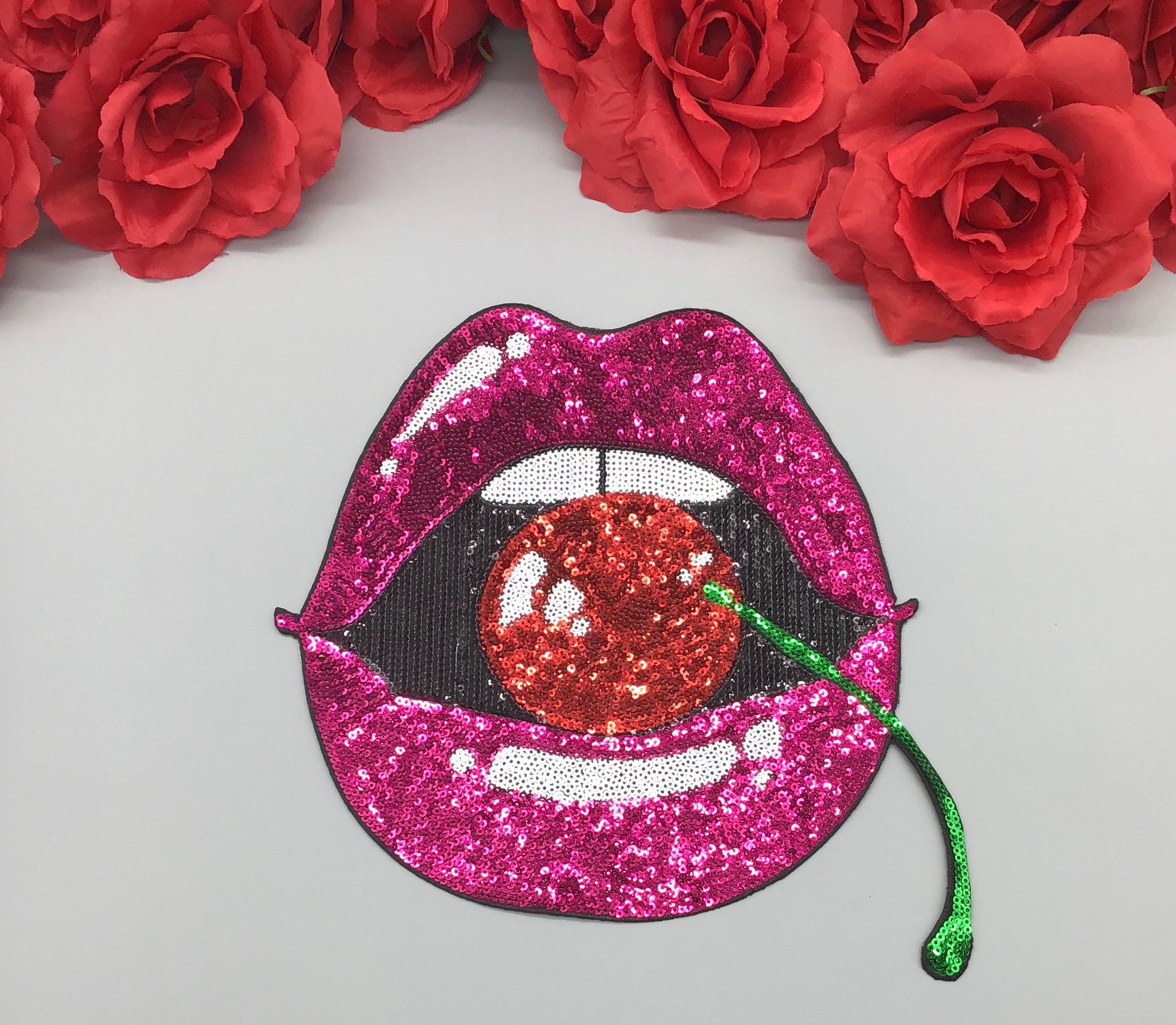 10 Sequin Lips With Cherry Patch Fuchsia Sequin Lips Patch - Etsy