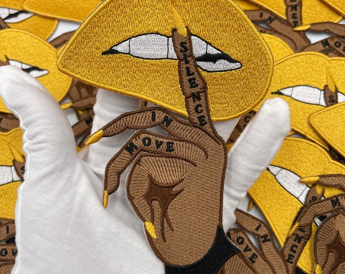 6 Gold Move in Silence Patch, Gold Lips Patch, Gold Lips With Hand Patch, Statement Patch ...
