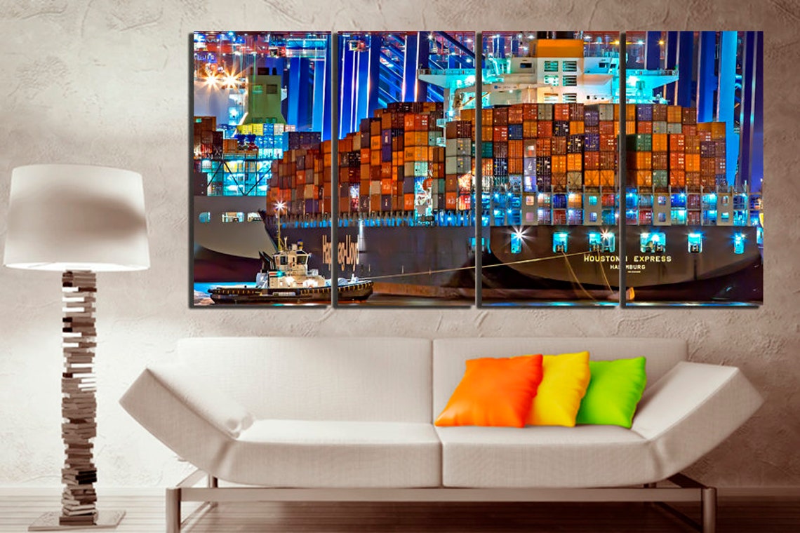 Cargo Ship at Night Seaport Wall Print Canvas Container Shipping Art ...
