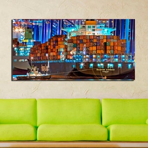 Cargo Ship at Night Seaport Wall Print Canvas Container Shipping Art ...