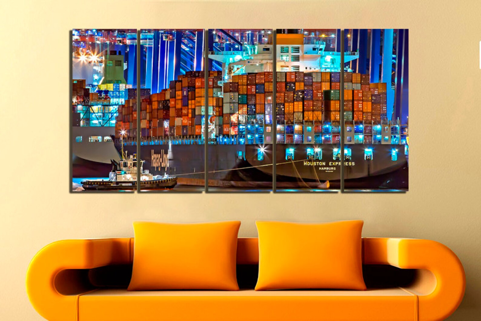 Cargo Ship at Night Seaport Wall Print Canvas Container Shipping Art ...