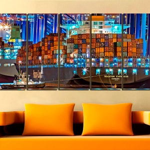 Cargo Ship at Night Seaport Wall Print Canvas Container Shipping Art ...