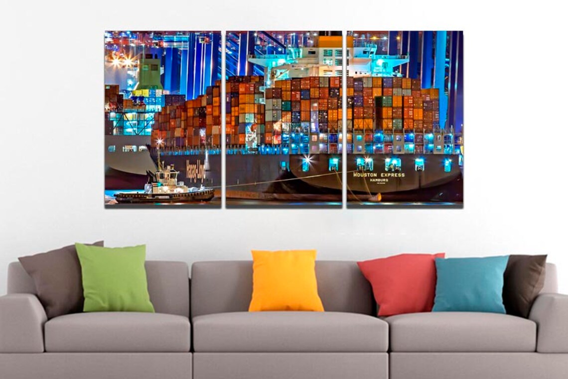 Cargo Ship at Night Seaport Wall Print Canvas Container Shipping Art ...