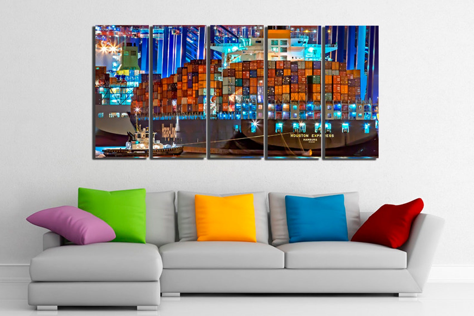 Cargo Ship at Night Seaport Wall Print Canvas Container Shipping Art ...